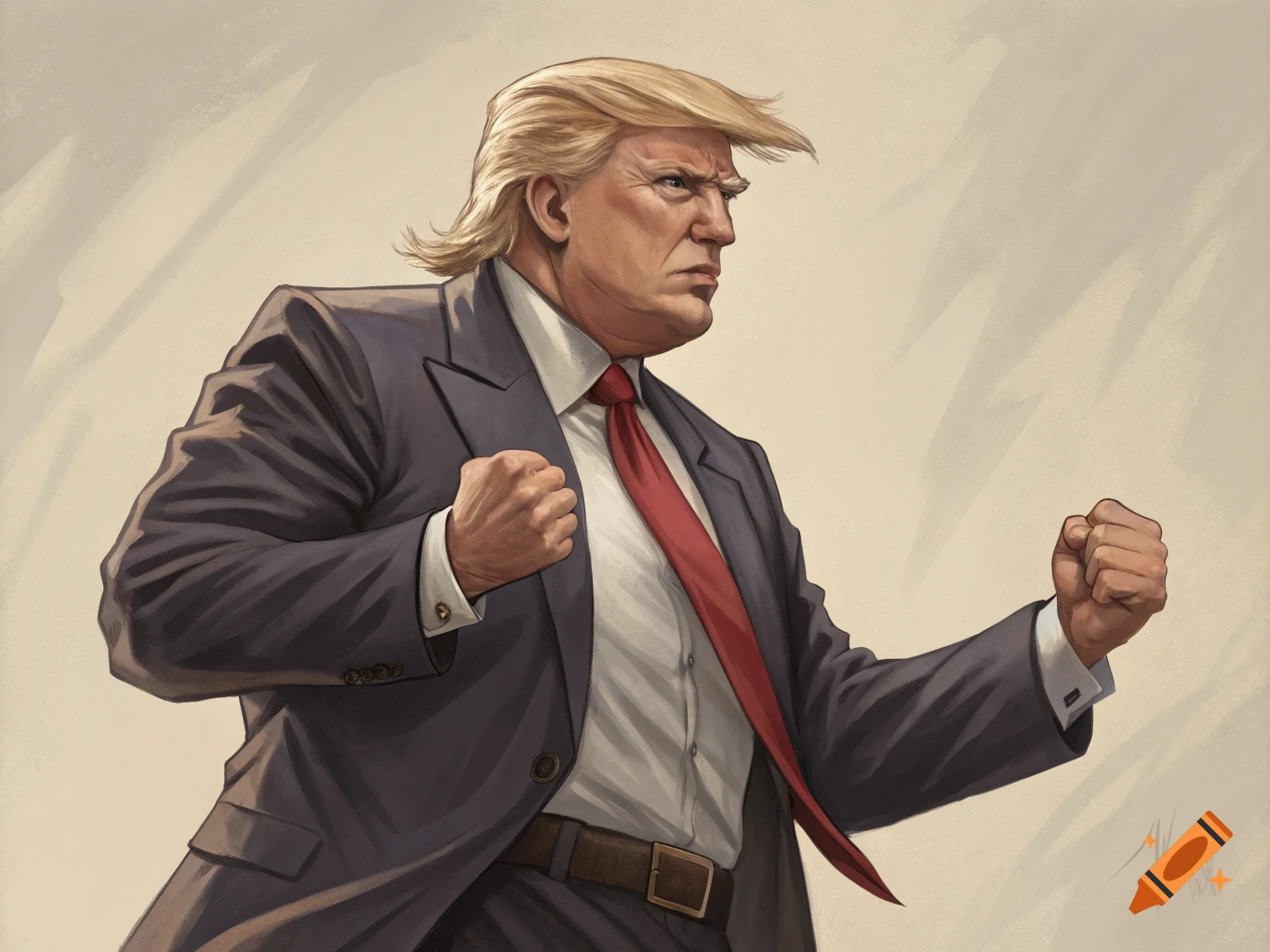 A stylized illustration of Donald Trump in a suit with a red tie ...