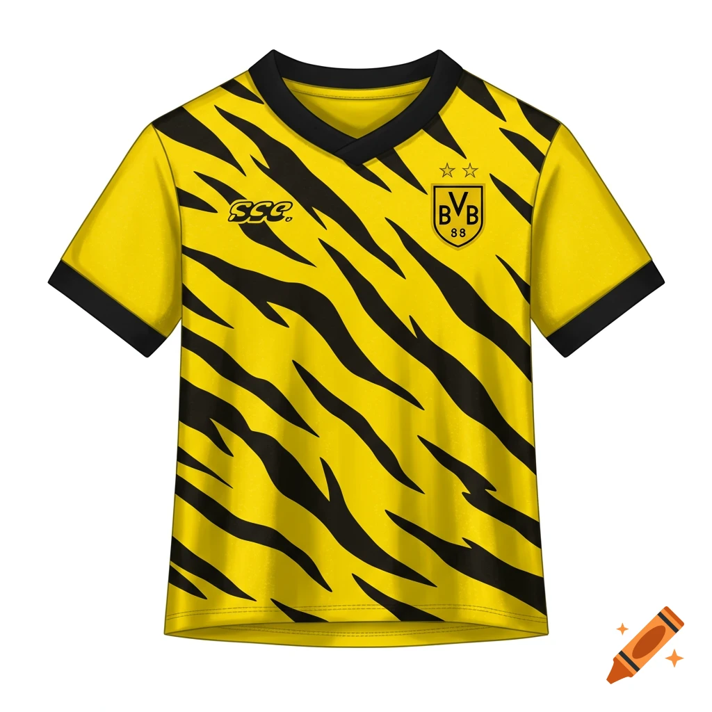 A yellow and black striped soccer football shirt with a V-neck collar ...