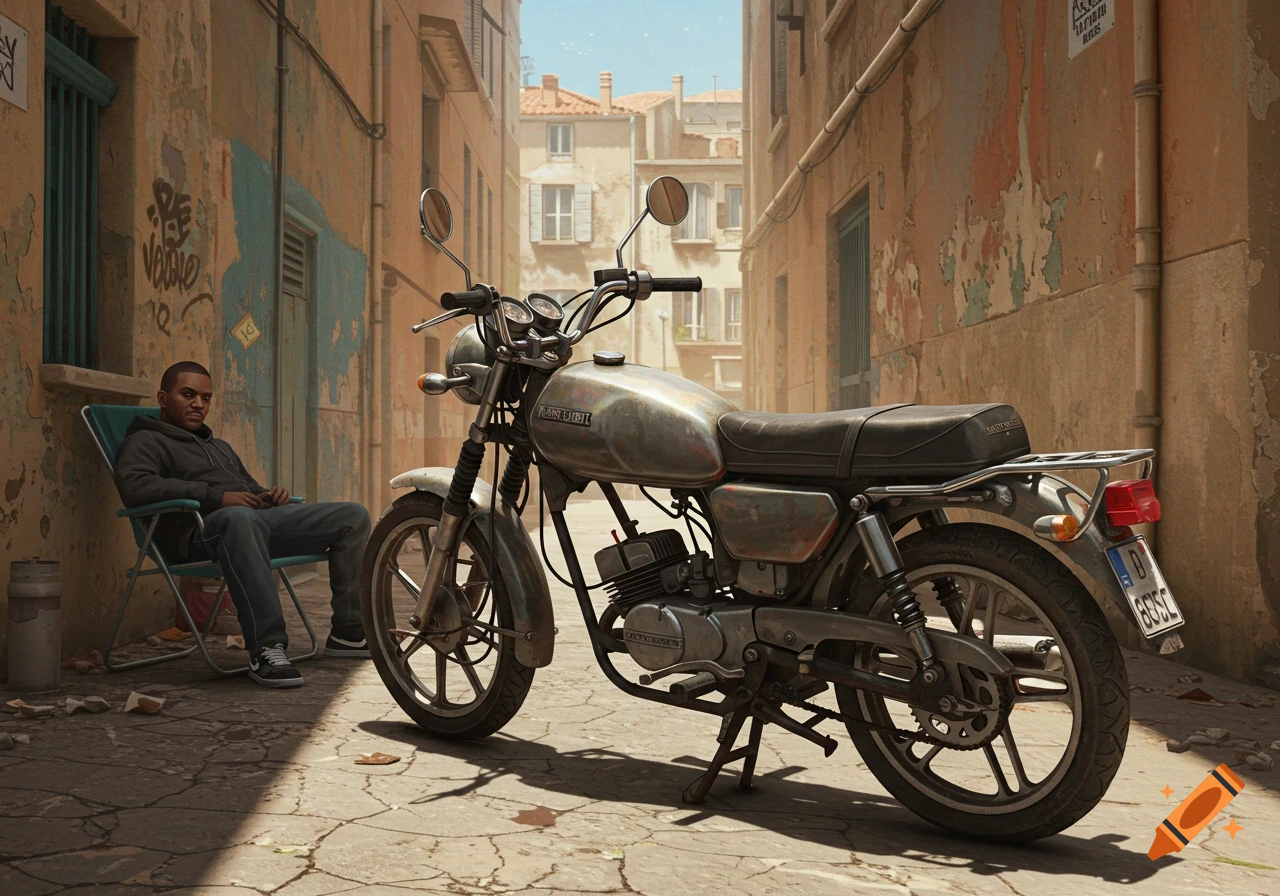 A man sits on a folding chair in a sun-drenched, run-down alleyway next ...