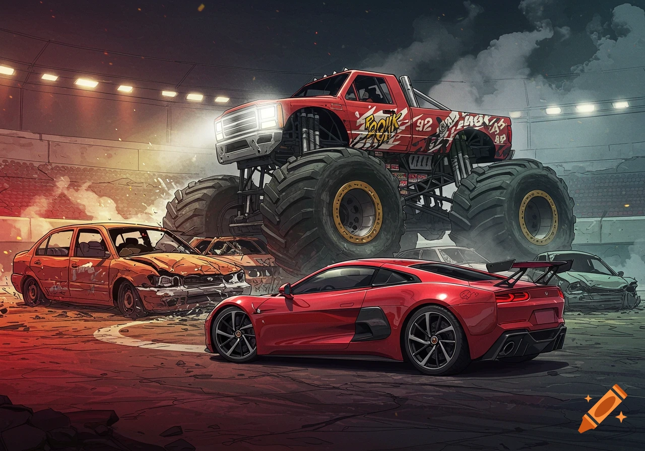 A red monster truck towers over a red sports car and smashed vehicles ...