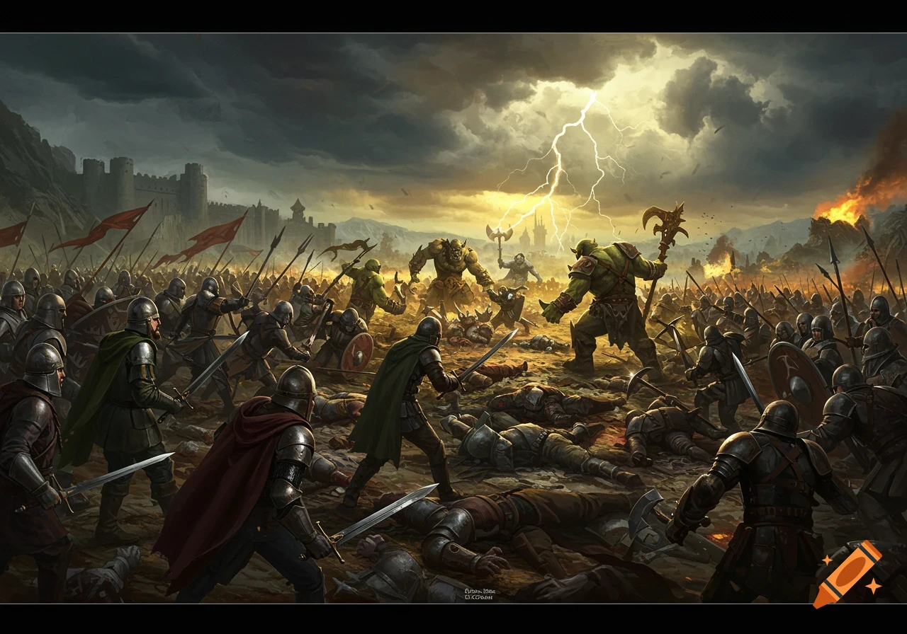 A dramatic fantasy battle scene with knights and orcs fighting on a ...