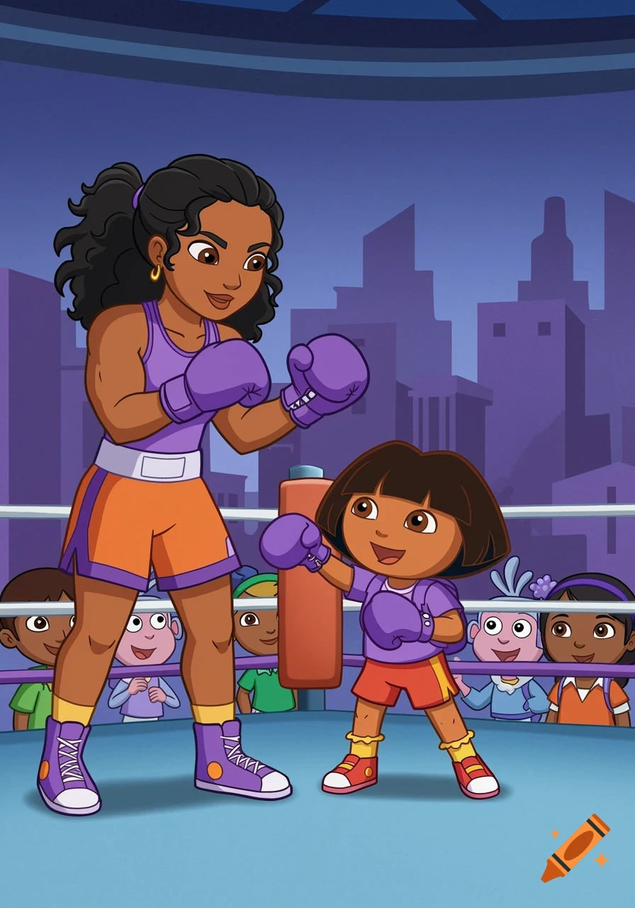 Cartoon illustration of Dora the Explorer and an adult woman in purple ...