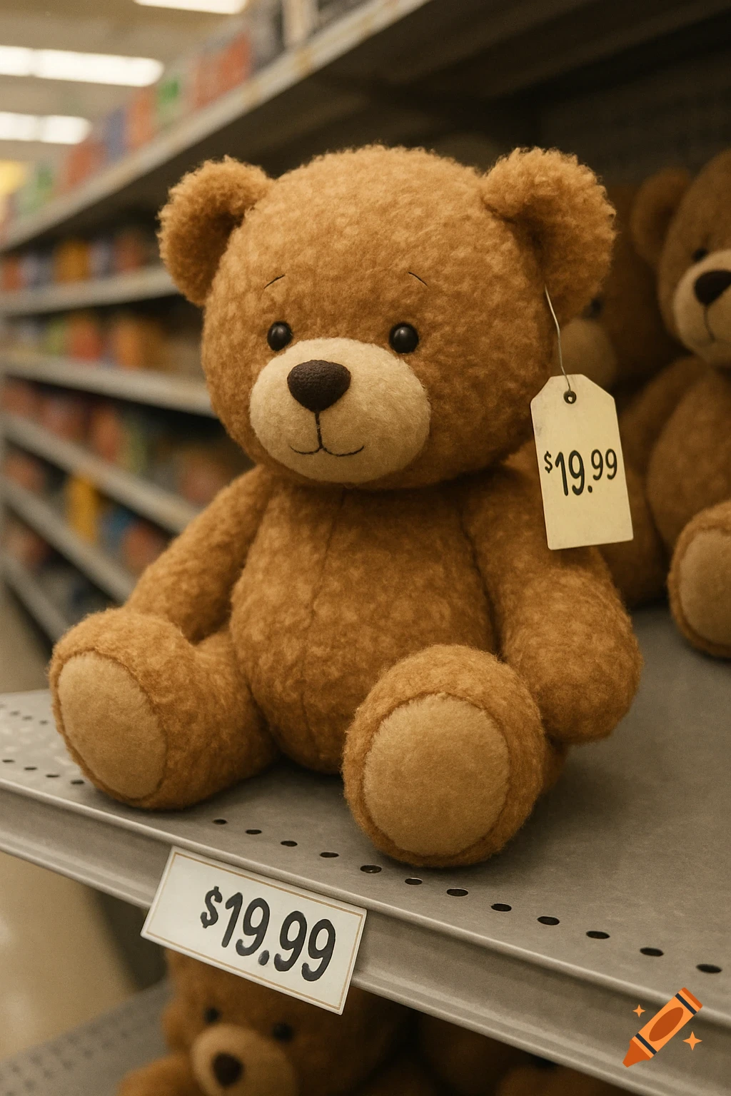 Photorealistic image of a brown teddy bear with a $19.99 price tag ...