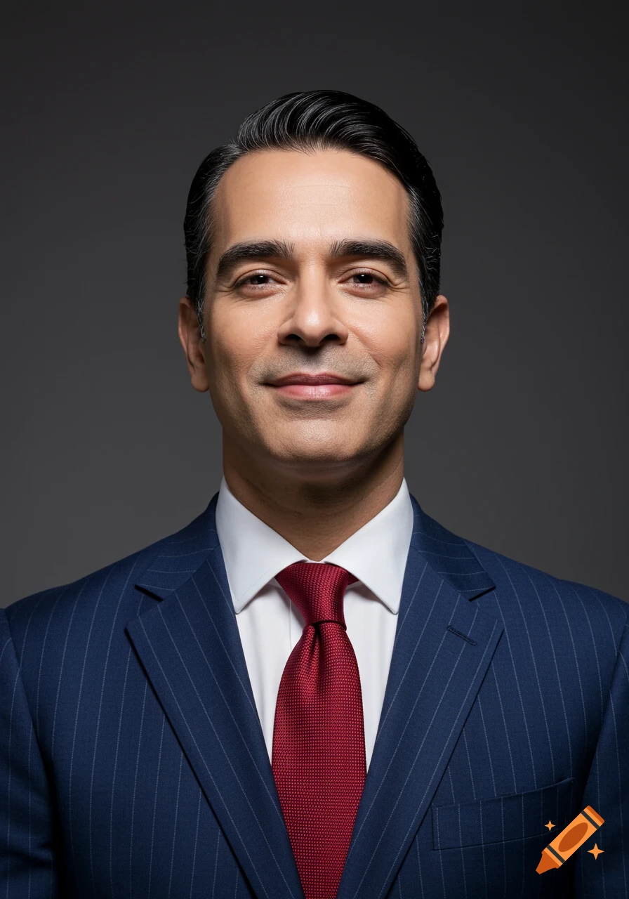 Photorealistic portrait of a distinguished man in a blue pinstripe suit ...