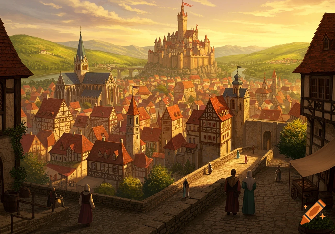Vibrant medieval city at sunset with a grand castle, church, and half ...