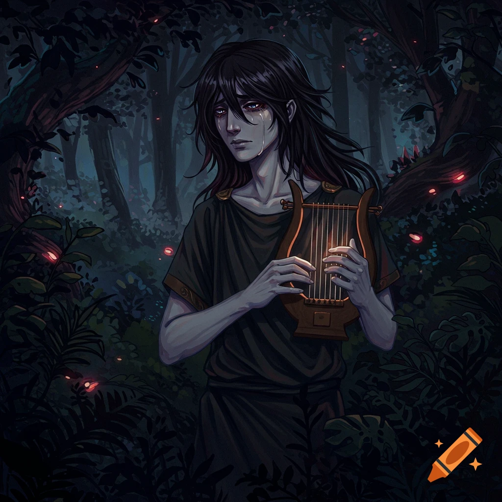 Dark anime-style illustration of a crying Orpheus holding a glowing ...