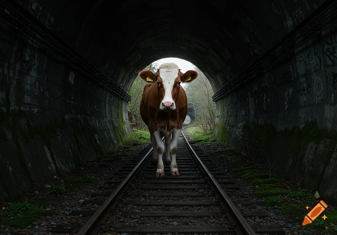 A brown and white cow stands on train tracks inside a dark, mossy ...