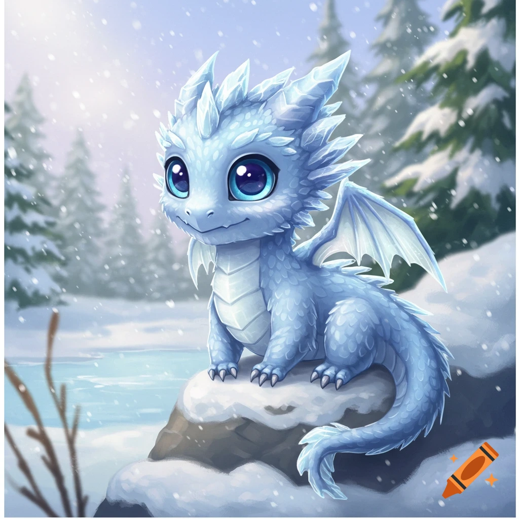 A cute, light blue ice dragon with big eyes sits on a snowy rock in a ...