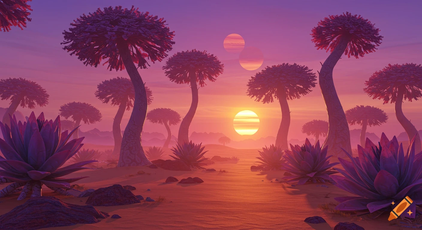 An alien desert landscape with large, purple succulent plants and tall ...