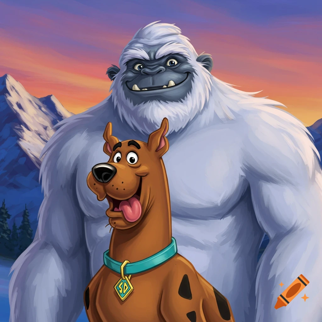 Cartoon Scooby-Doo and a white yeti smiling in a snowy mountain ...