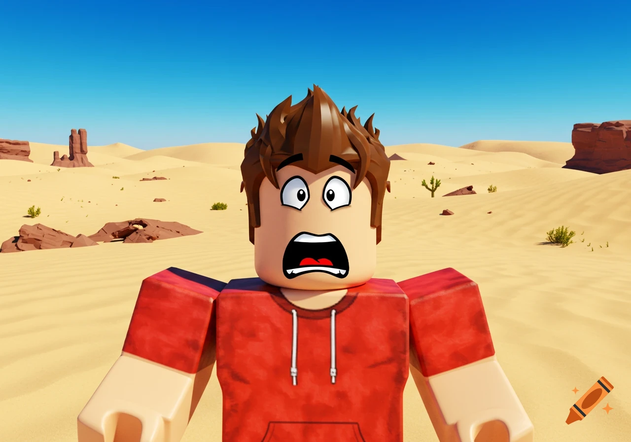 A surprised Roblox character in a red hoodie stands in a desert with ...