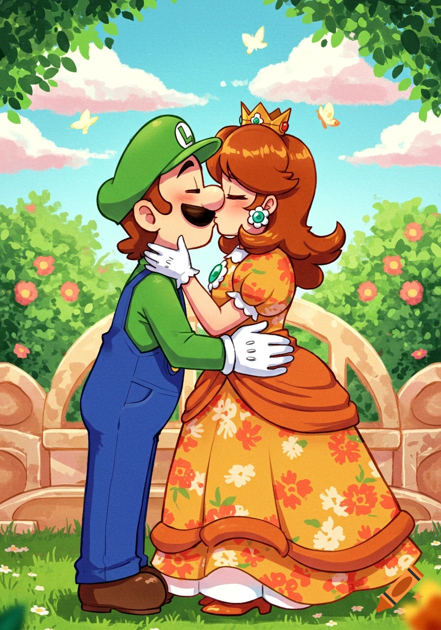 Cartoon of Luigi and Princess Daisy kissing lovingly in a vibrant green ...