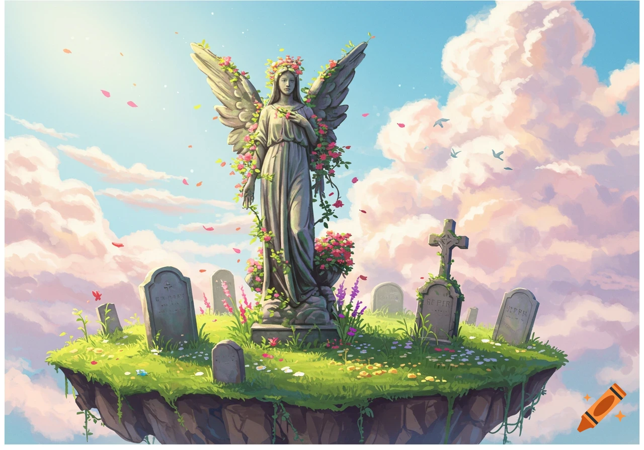 An ethereal image of an angel statue covered in roses and vines on a ...