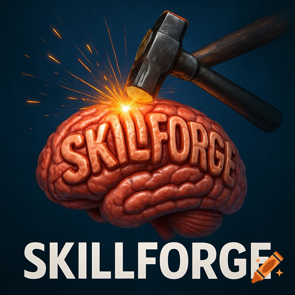 A photorealistic logo for SkillForge, showing a hammer striking a human ...