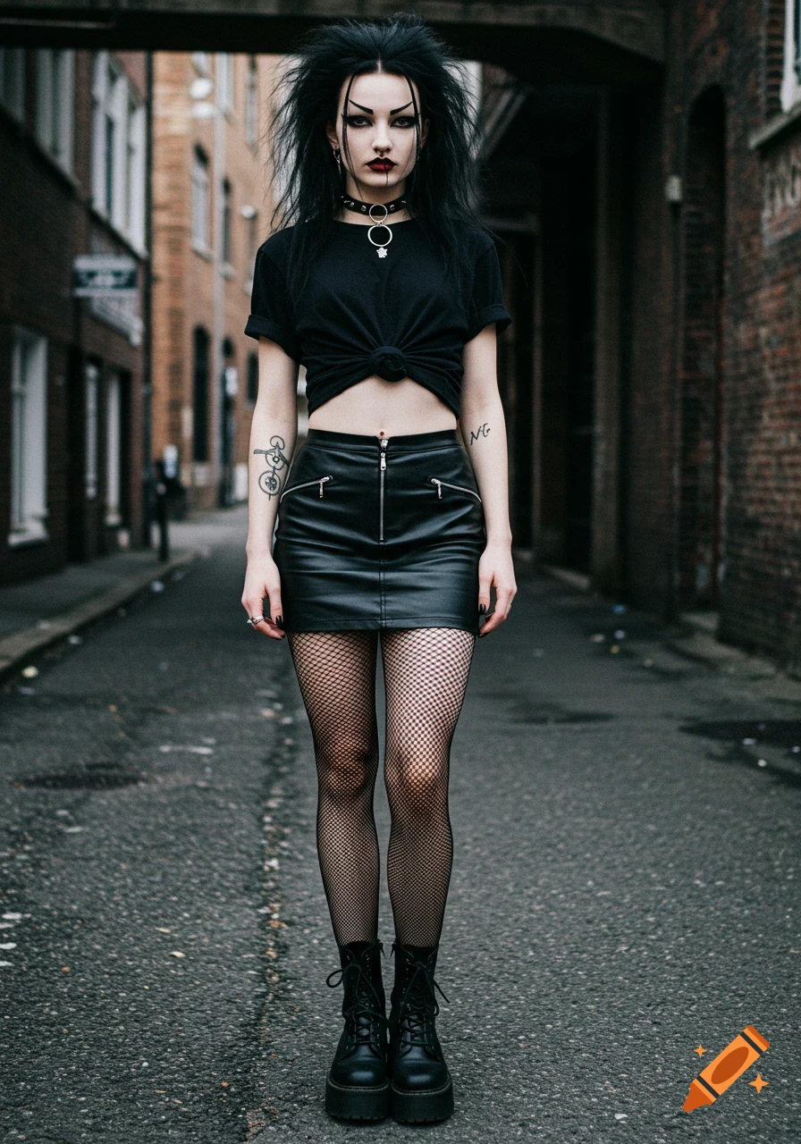 A Goth-style woman with wild black hair, dark makeup, a black crop top ...