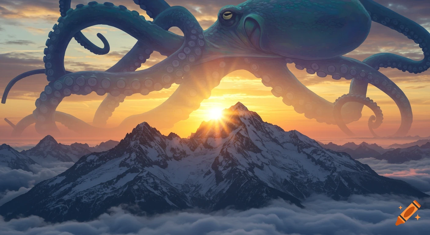 A giant octopus looms over snow-capped mountains as the sun rises ...