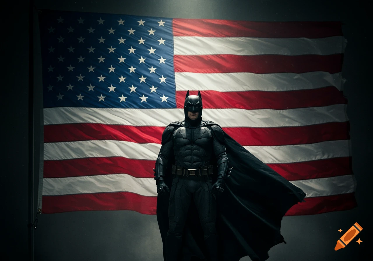 A photorealistic image of Batman standing heroically in front of a ...