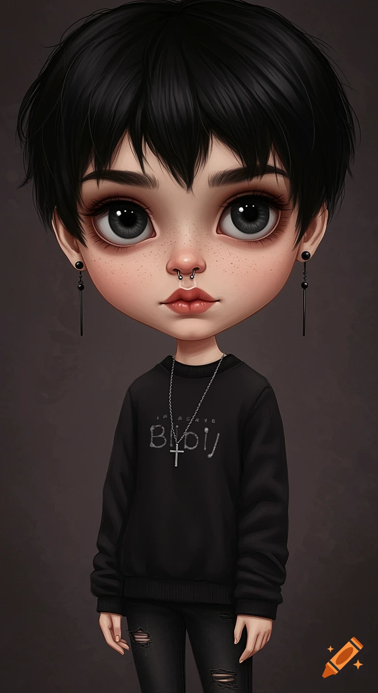 A stylized digital art portrait of a Blythe-style doll with short black ...