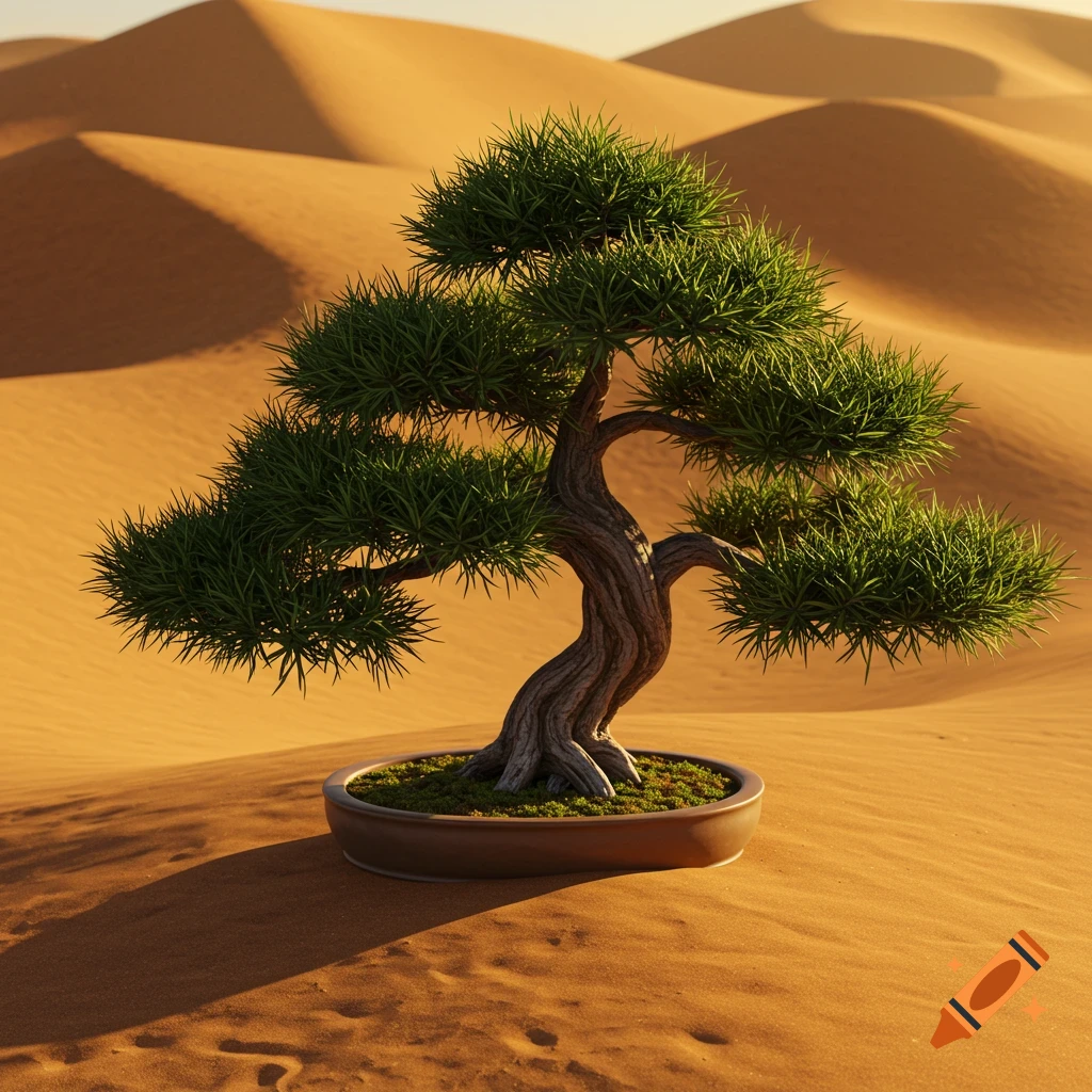 A photorealistic bonsai tree stands in the middle of a vast, sunny ...