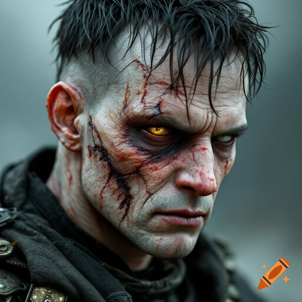 Close-up of a pale, scarred man with glowing yellow eyes, blood on his ...