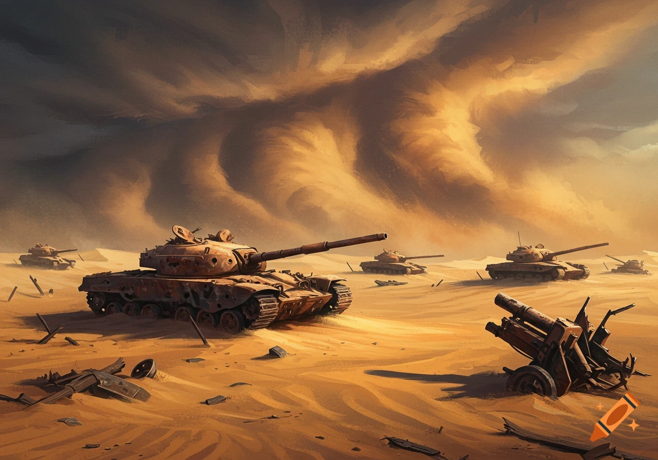 Rusting military tanks scattered across a sandy desert under a dramatic ...