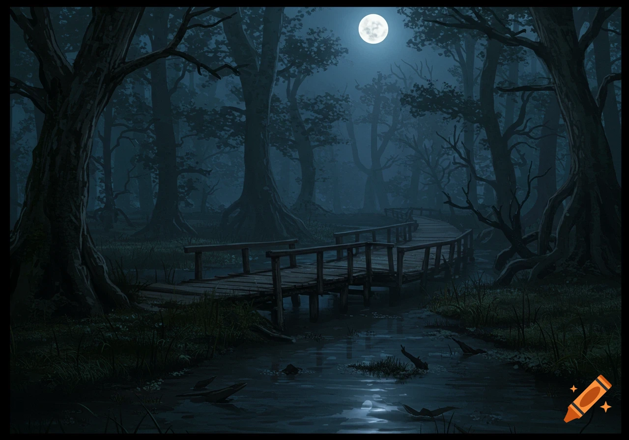 A full moon illuminates a winding wooden boardwalk over murky water in ...