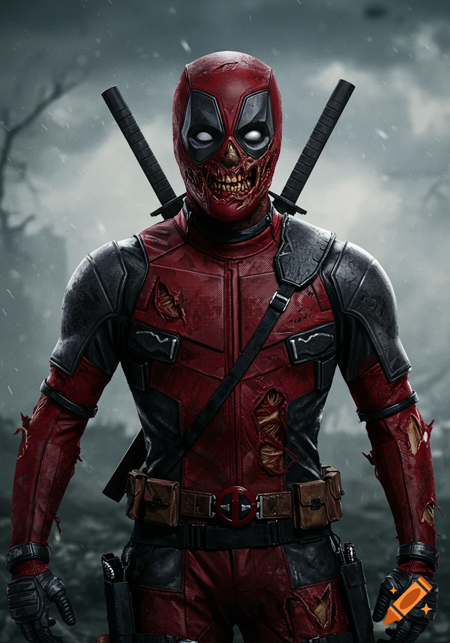 A zombie-style Deadpool, from Marvel Comics, stands with a tattered ...