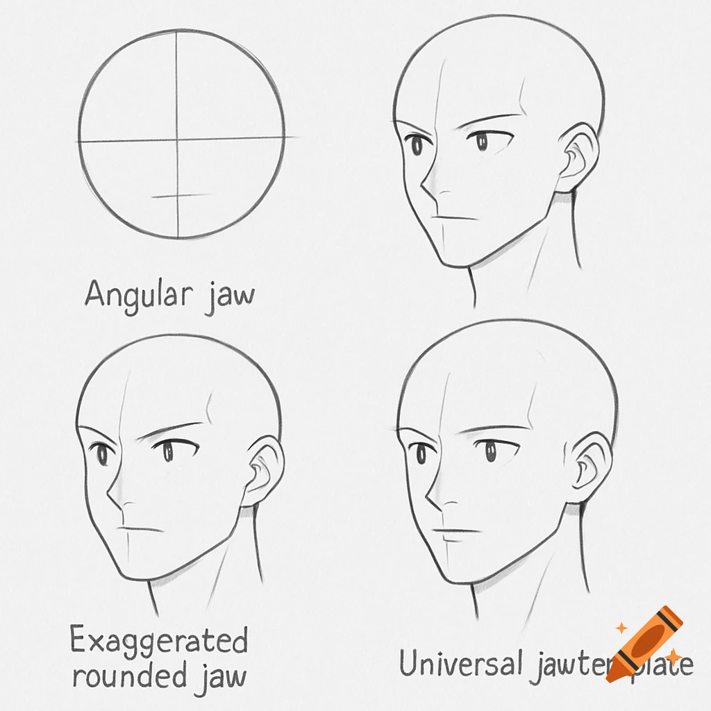 A pencil sketch guide for drawing anime/manga character heads, showing ...