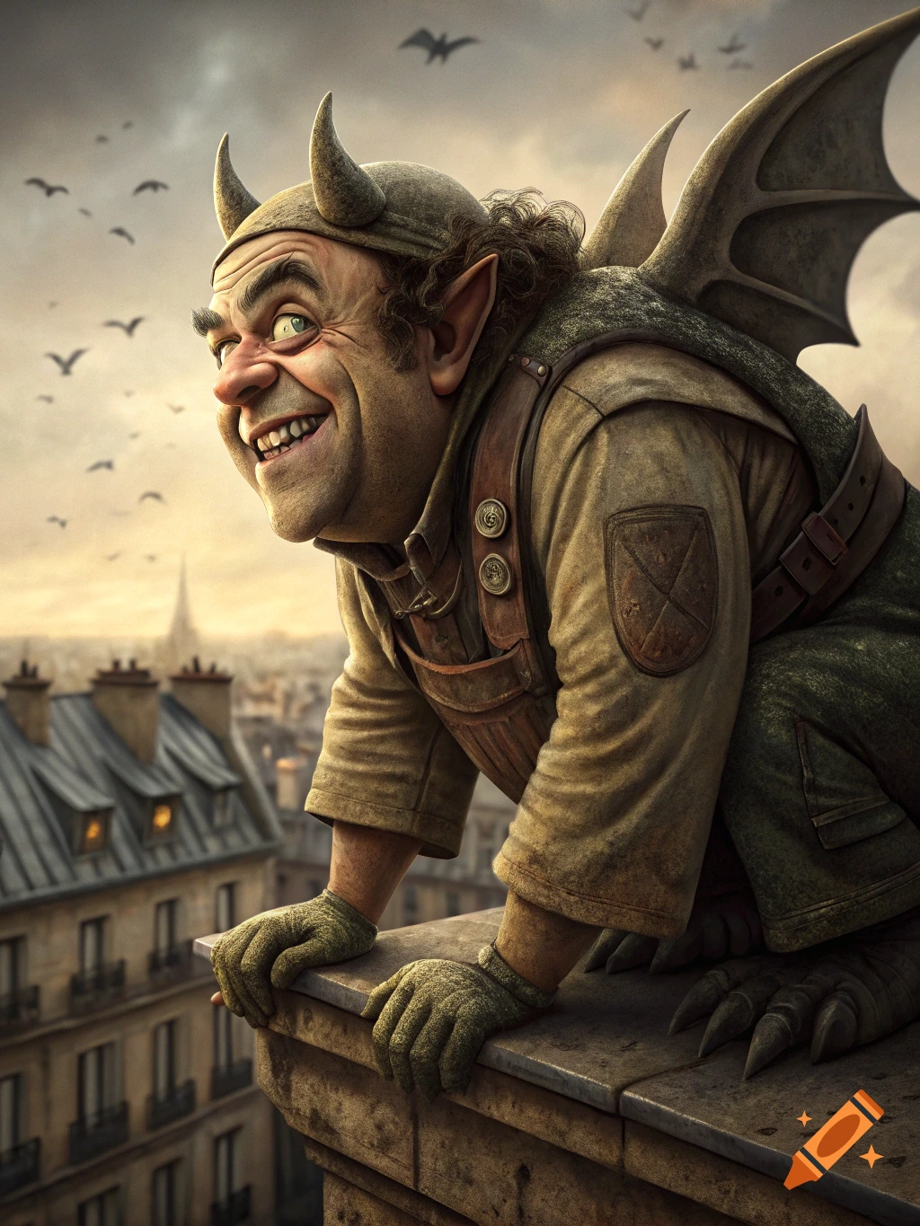 A grinning, horned gargoyle-like creature with bat wings and a tattered ...