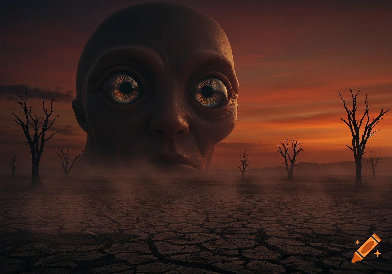 A giant, bald, pale creature with huge reflective eyes rises from ...