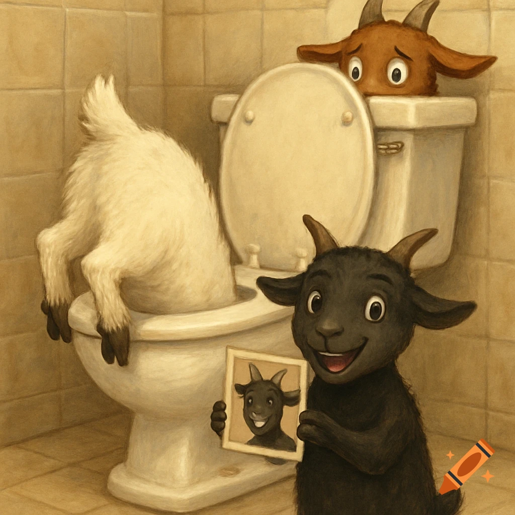 A whimsical cartoon shows a white goat with its head in a toilet, a ...