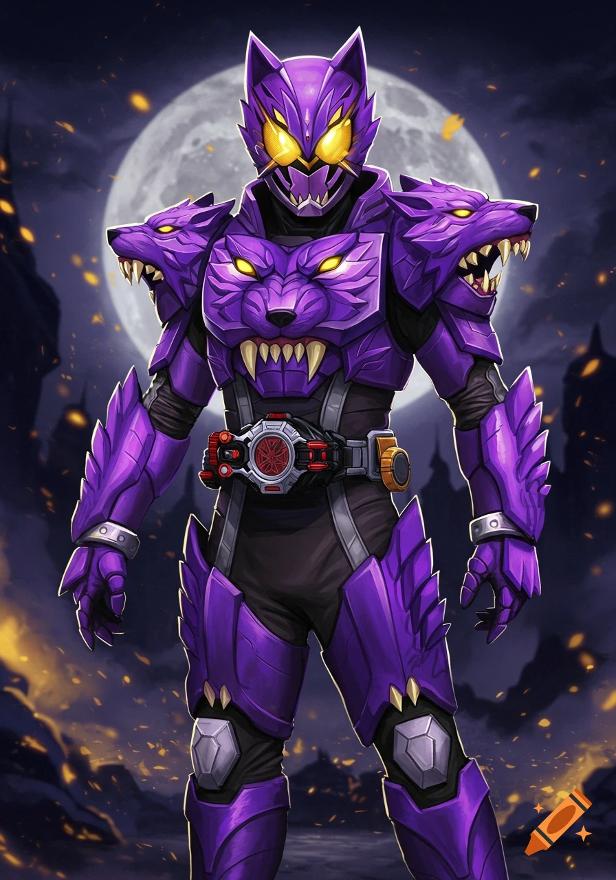 A purple, wolf-themed superhero in armored suit with glowing yellow ...