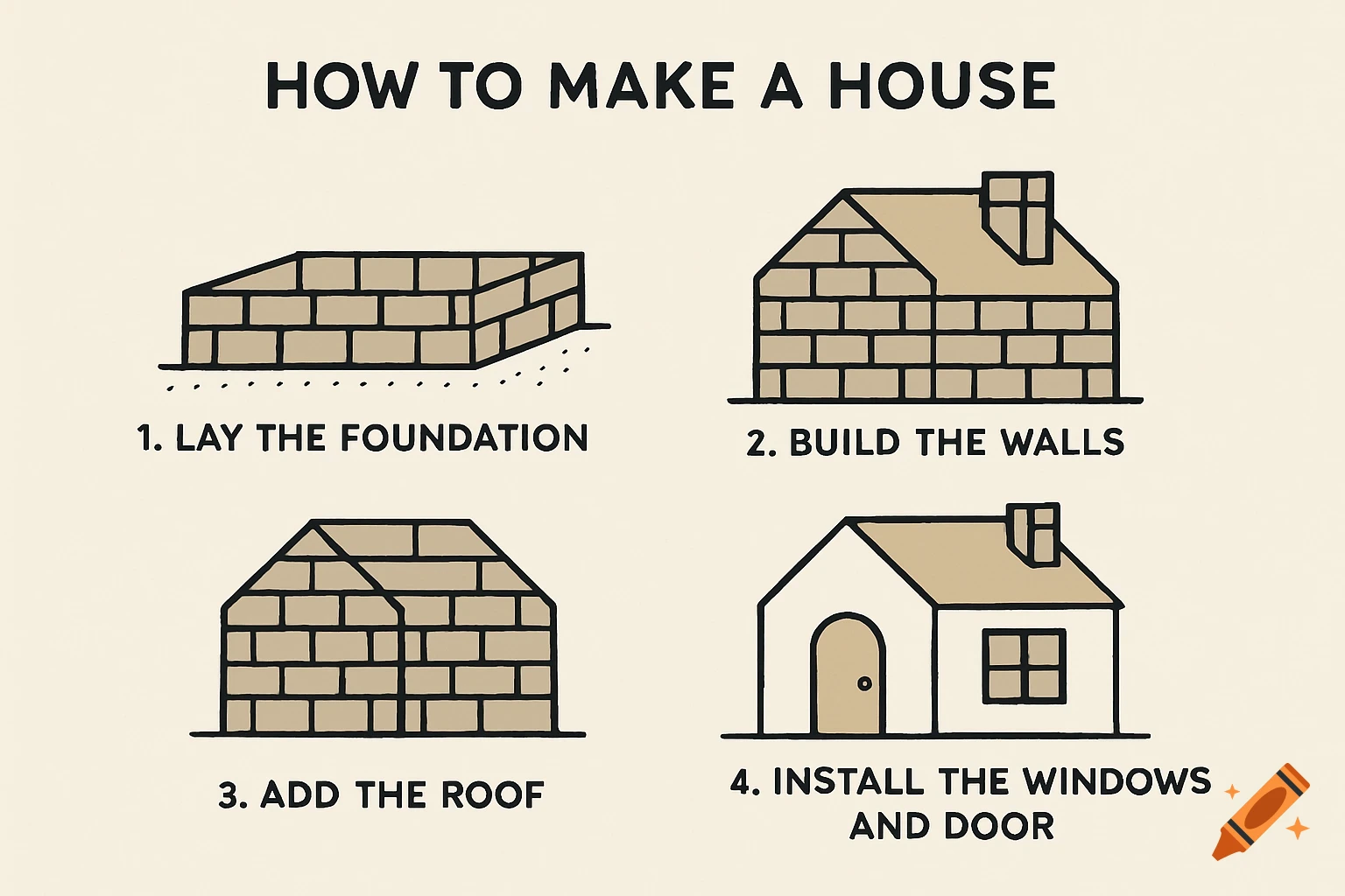 A four-step instruction diagram illustrating how to build a house ...