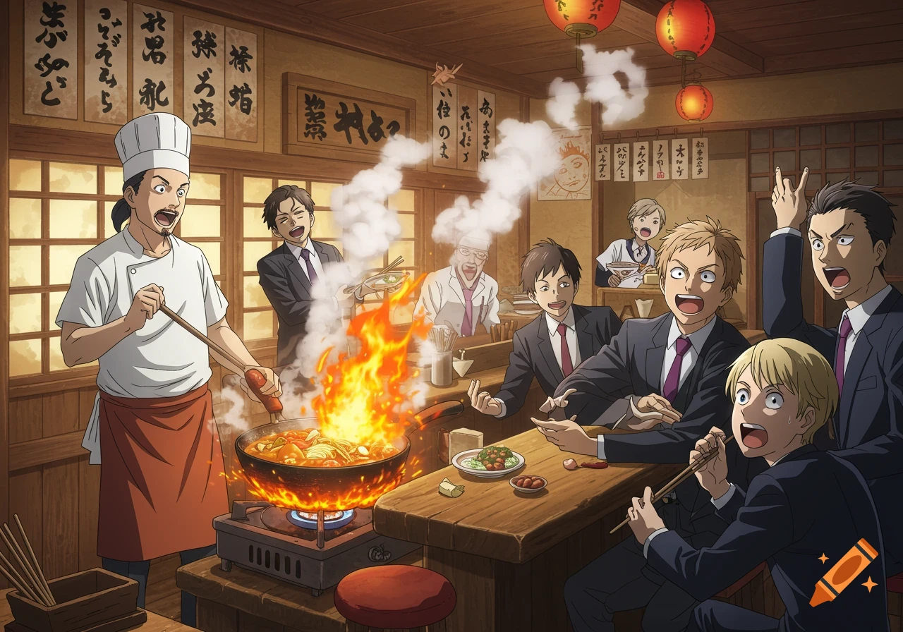 Anime-style illustration of a chef cooking a flaming curry in a cozy ...