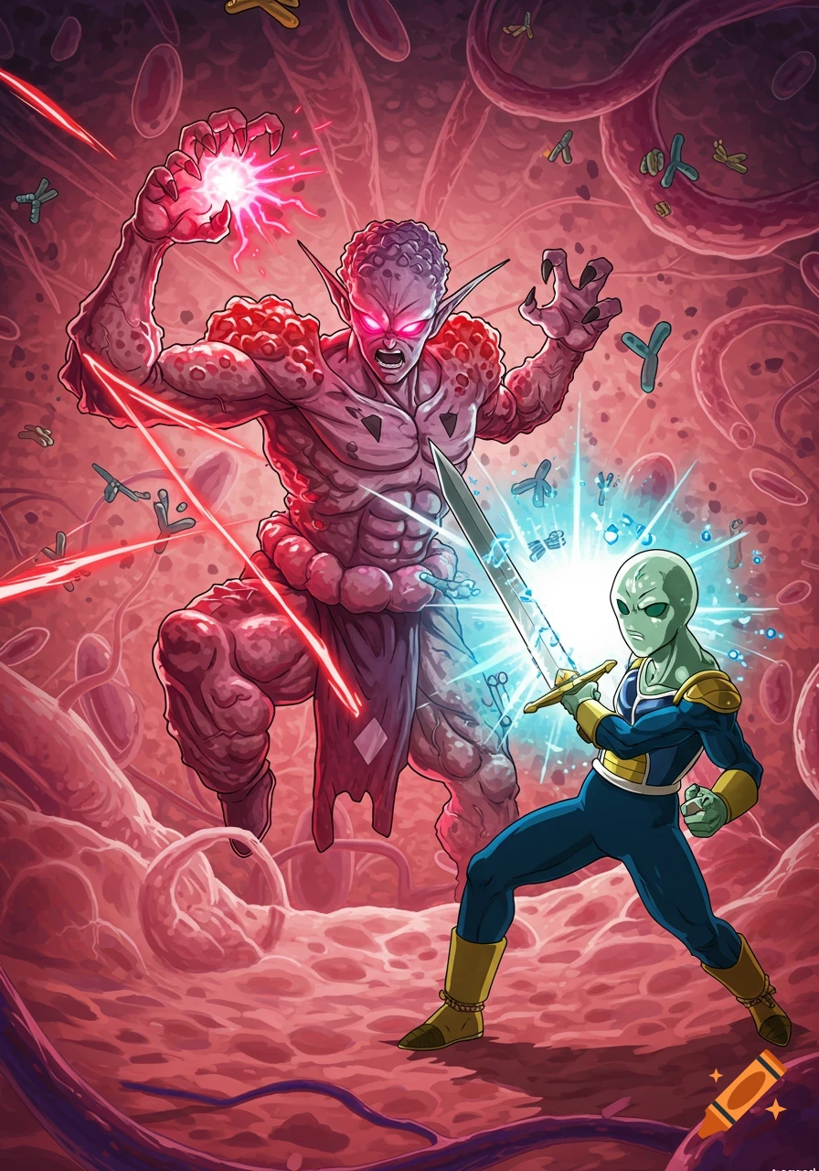 A large, red-skinned monster with glowing eyes battles a small, green ...