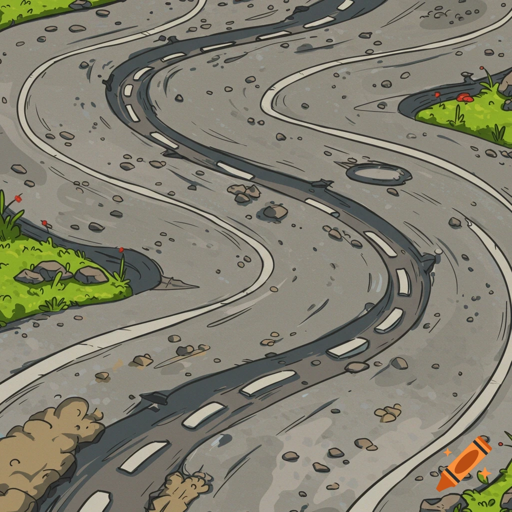 A cartoon illustration of a winding, bumpy road with scattered rocks ...