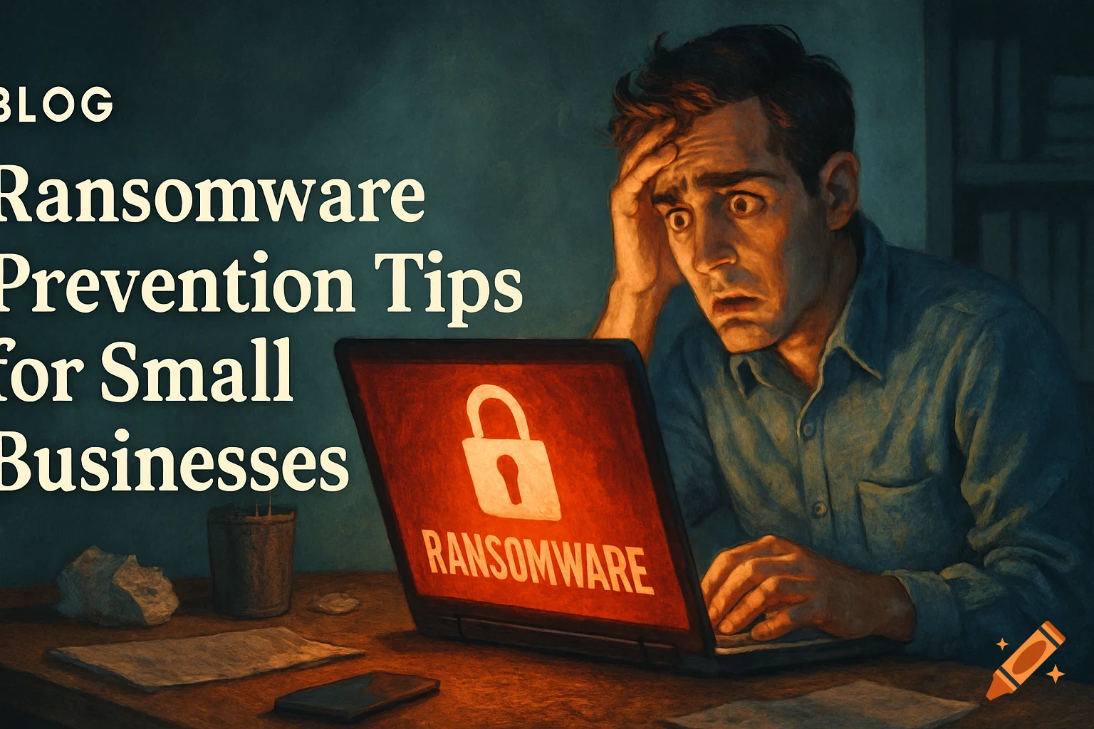 A man looks shocked at a laptop displaying a ransomware message with a ...