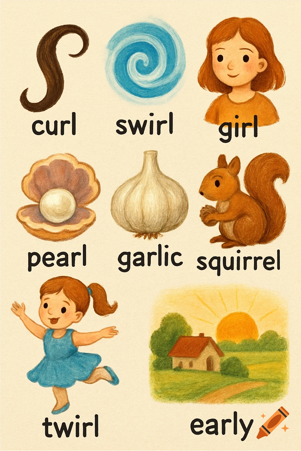 A children's educational chart featuring illustrations of a curl, swirl ...