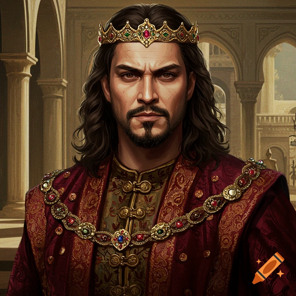 A king with a gold crown and elaborate red and gold robes stands in a ...