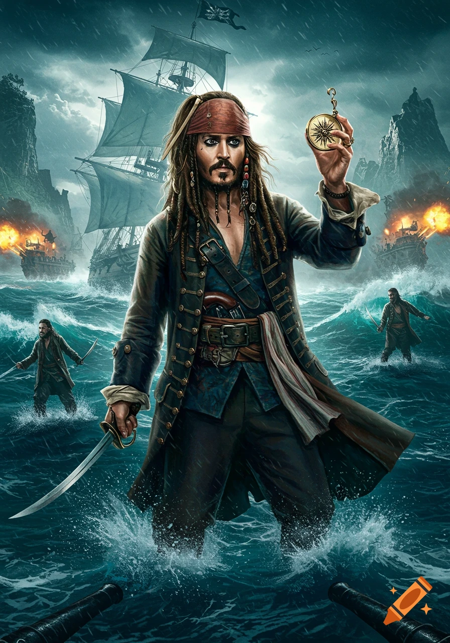 Captain Jack Sparrow stands in choppy waters, holding a compass and ...