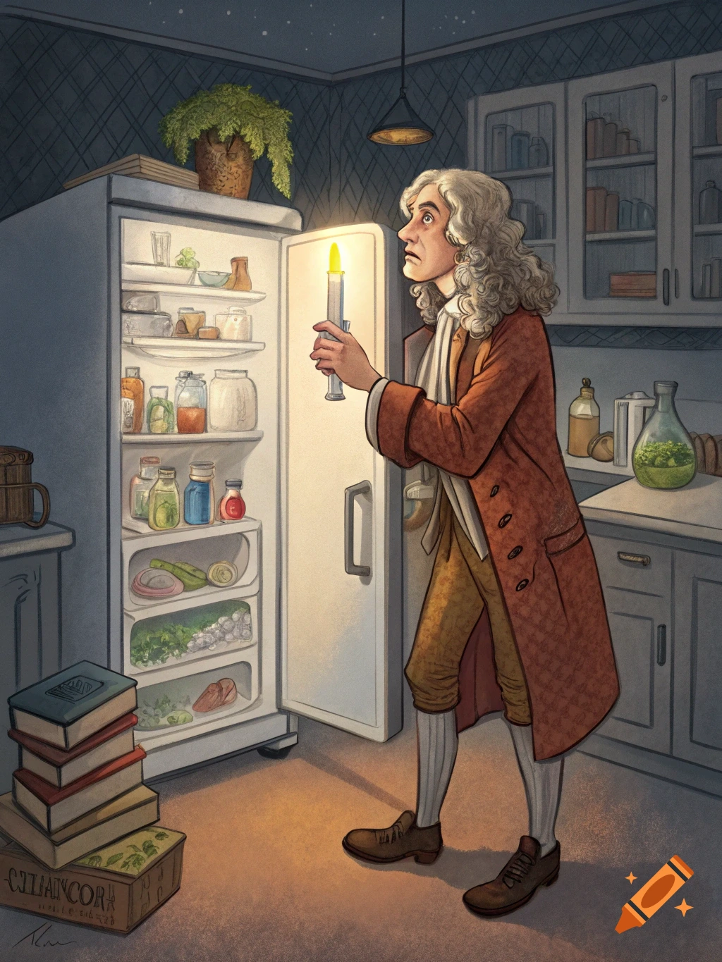 Illustrated Isaac Newton in a dark kitchen holding a candle, looking ...