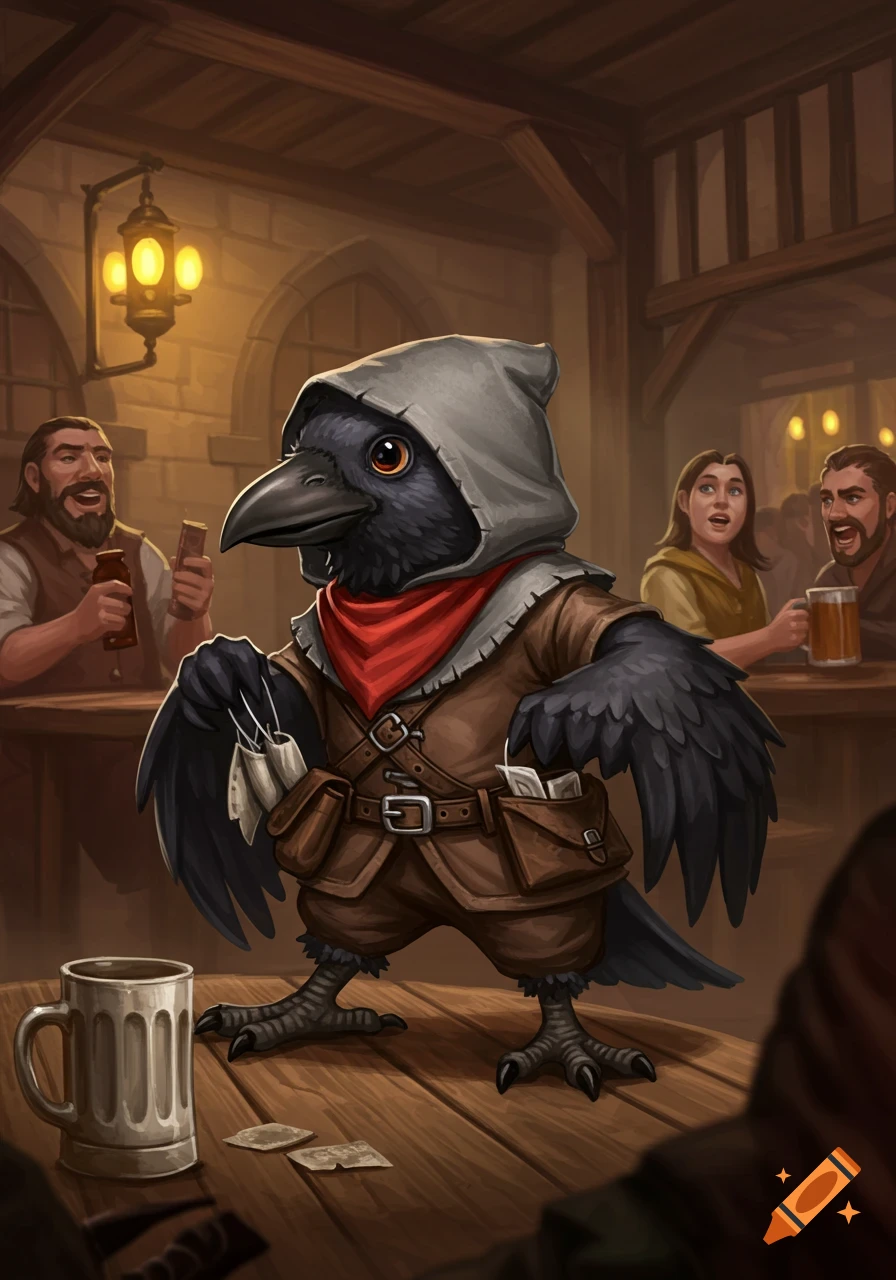 A small, hooded raven character in brown leathers and a red kerchief ...