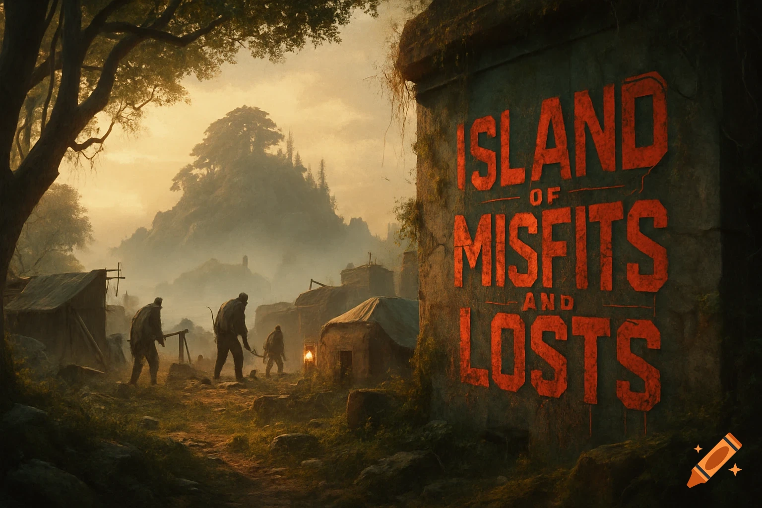 A cinematic, post-apocalyptic scene with rugged figures near makeshift ...