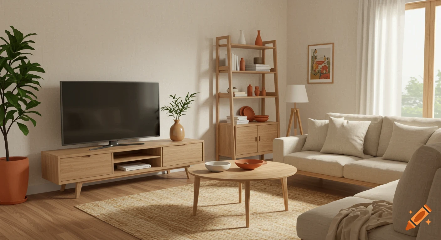 A Japandi-style living room with a light wood TV unit, a sofa, a ...