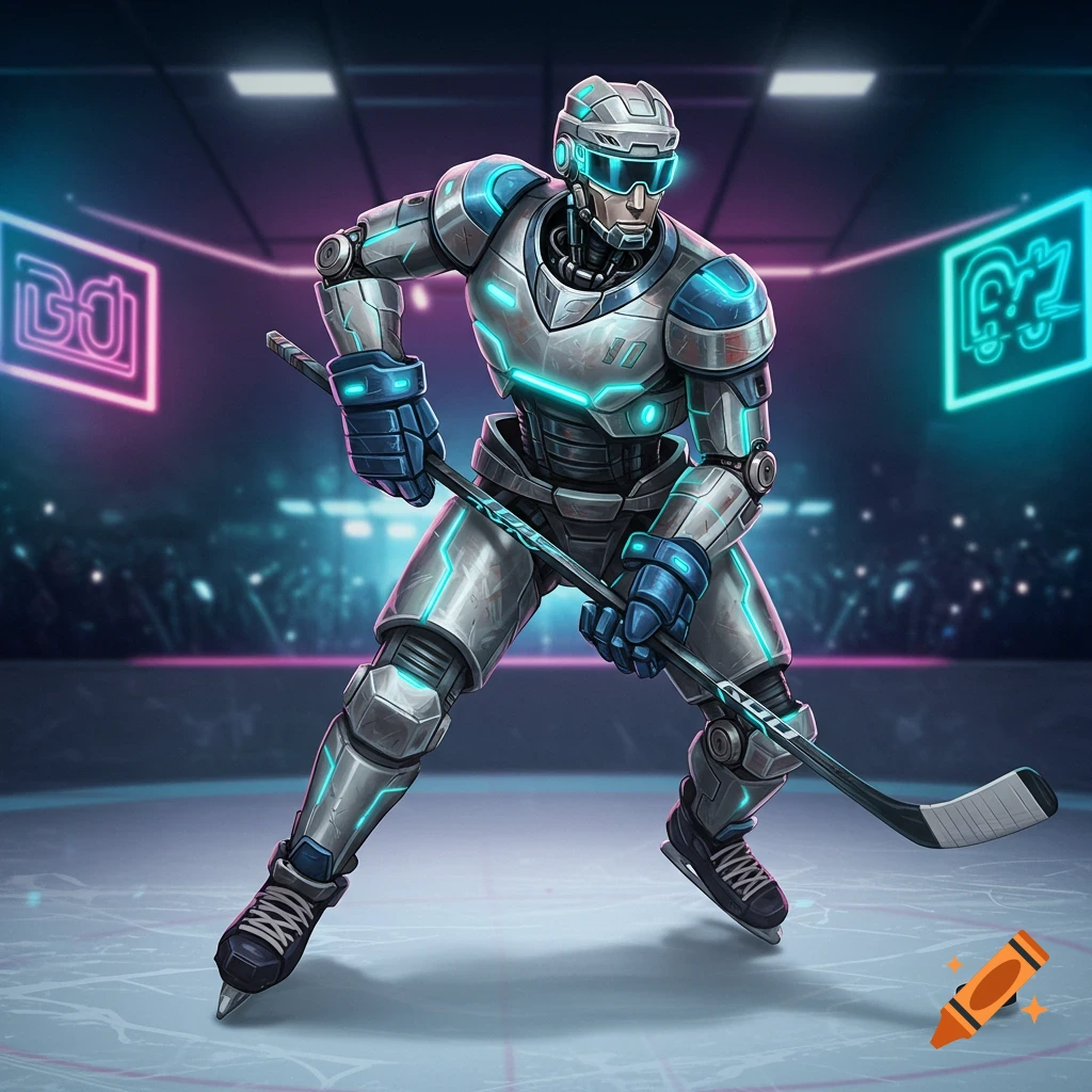 A futuristic robot in hockey gear skates on an ice rink, holding a ...
