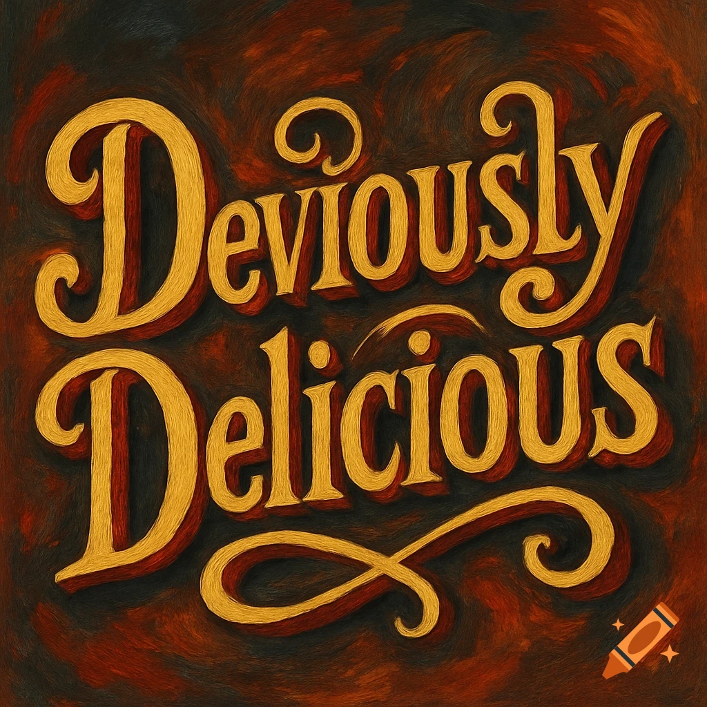 Stylized gold and red textured text reads 'Deviously Delicious' on a ...