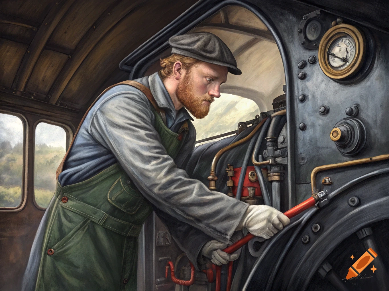A man with a beard and cap works on the internal machinery of a steam ...