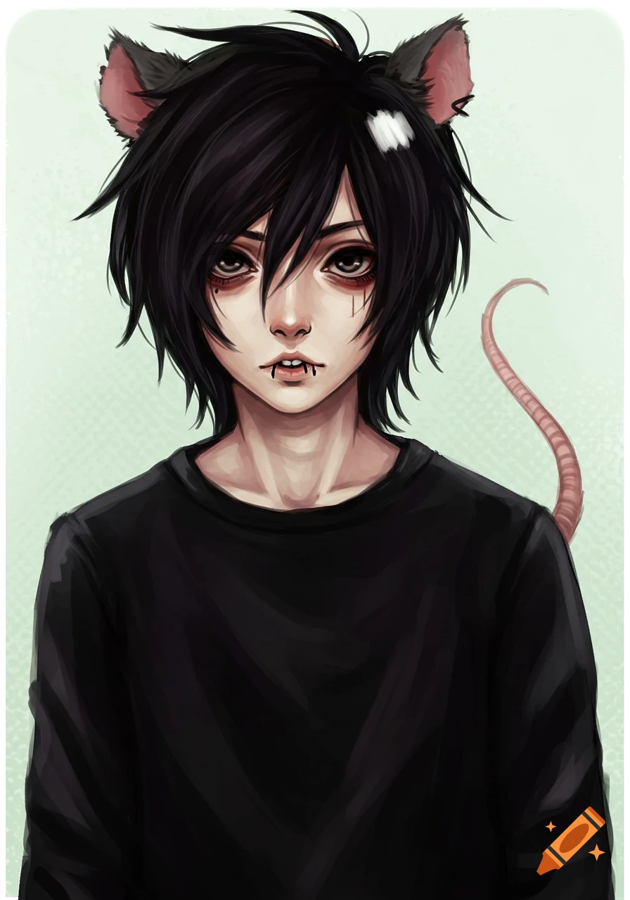 Anime illustration of an emo boy with black hair, rat ears, and a rat ...