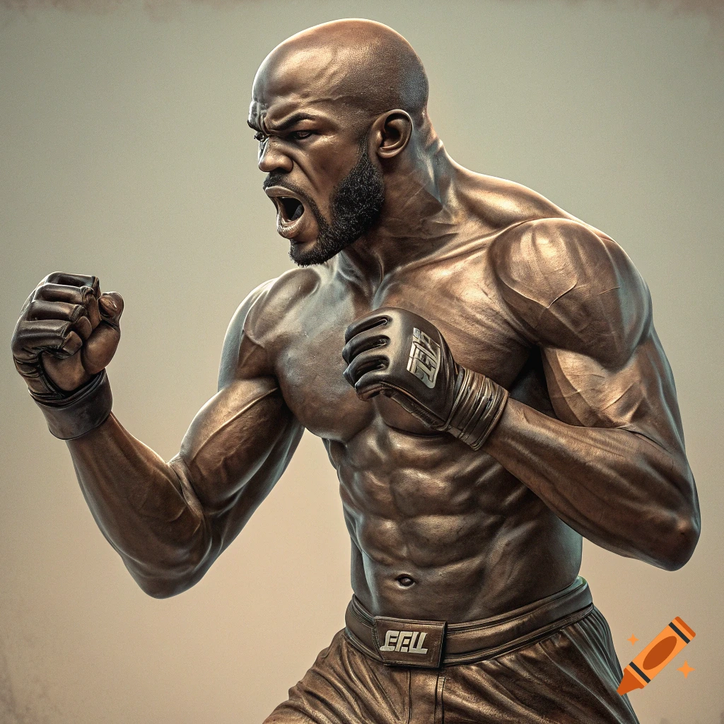 A muscular bald man in a fighting stance, wearing MMA gloves and shorts ...