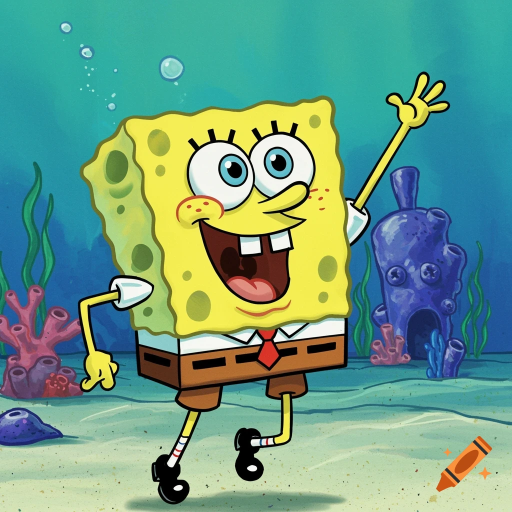 SpongeBob SquarePants waves happily underwater amidst coral and seaweed ...